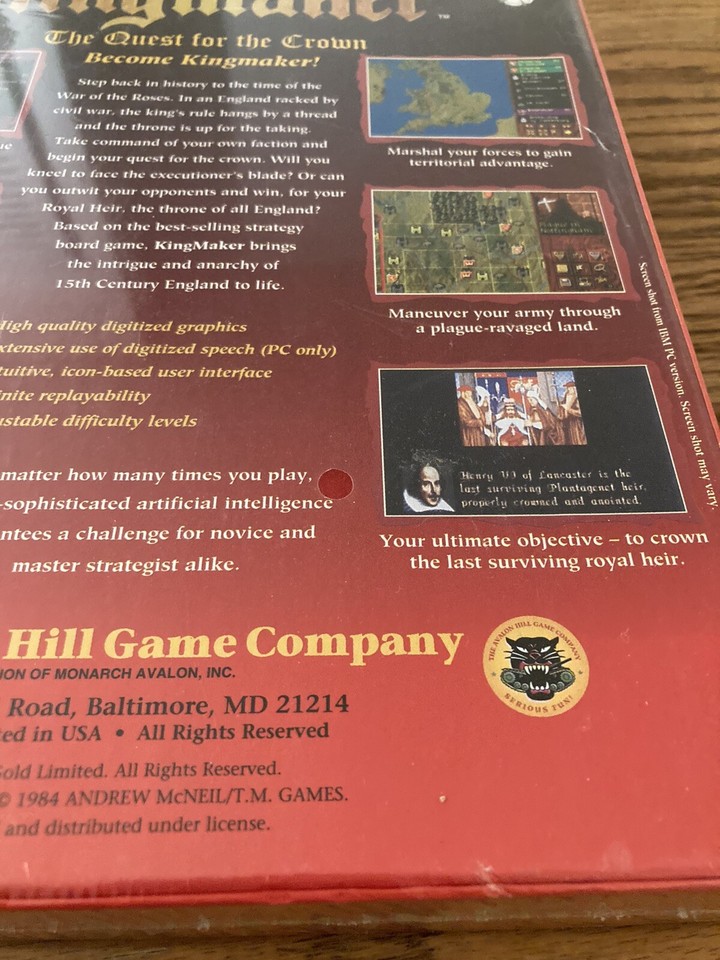 Avalon Hill Computer Game Kingmaker (PC 3.5") New Sealed. Read ...