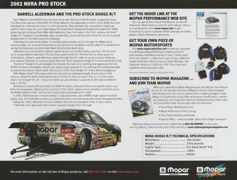 2002 Darrell Alderman Mopar Dodge R/T Pro Stock NHRA Hero Card | eBay