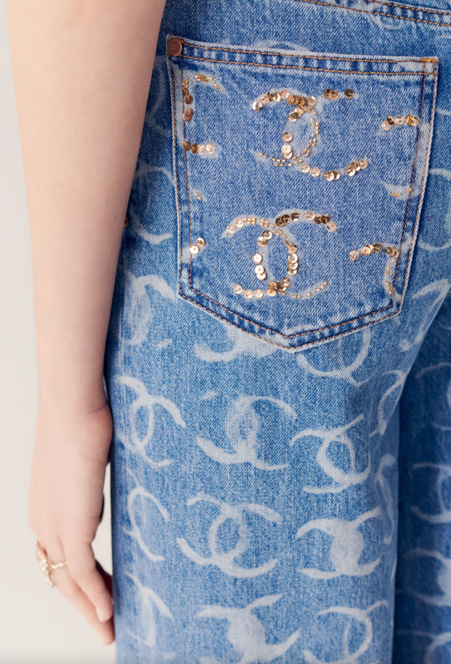 Chanel 23B Runway Light Blue Denim White CC Print Logo Baggy Oversized ...