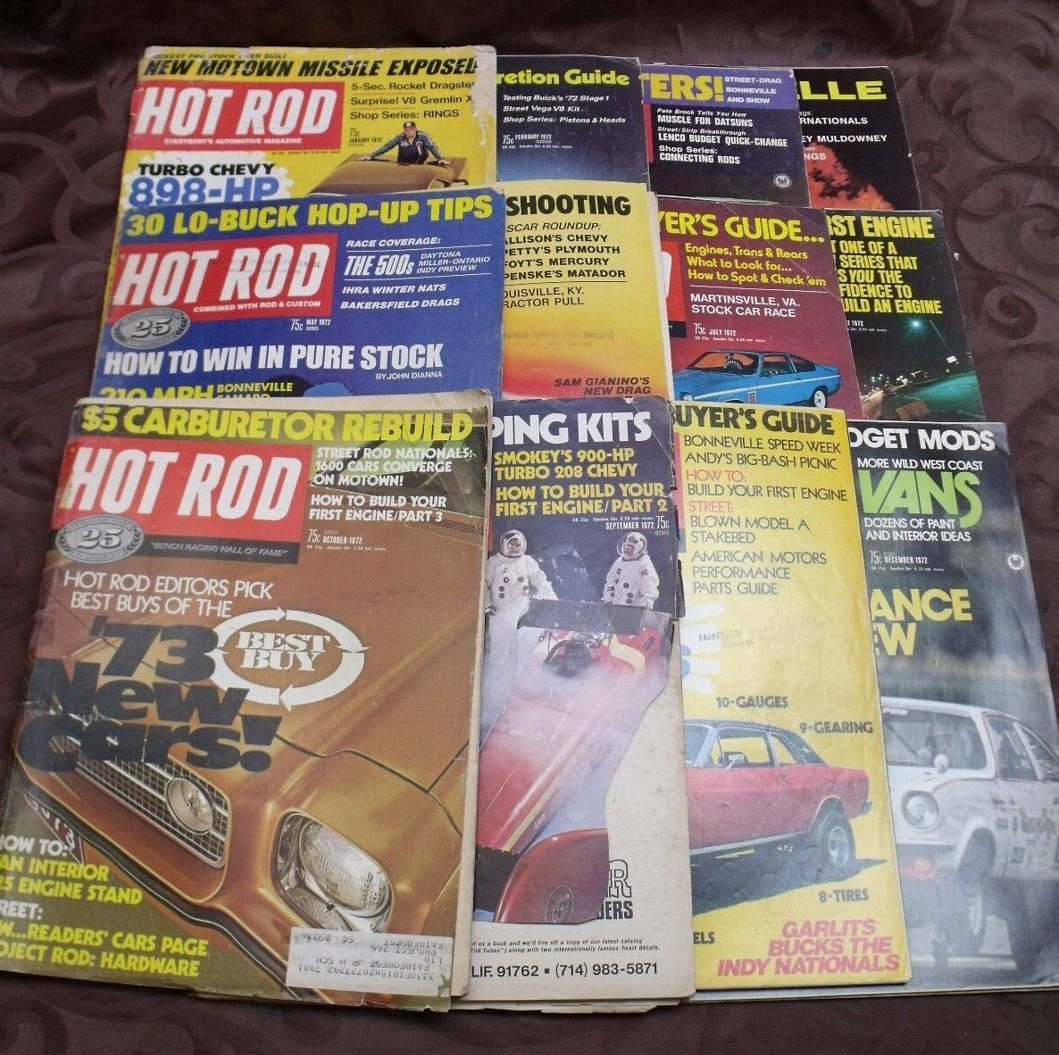 Lot of 12 HOT ROD Magazines ~ 1972 Full Complete Year, January to ...