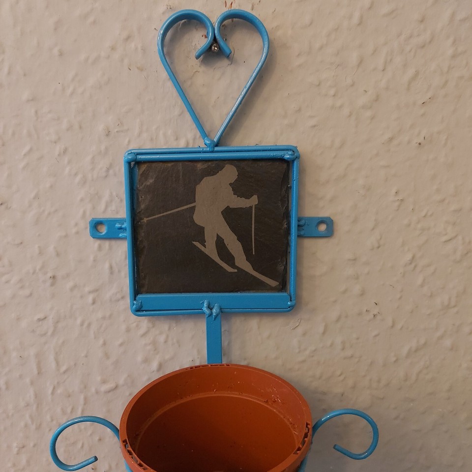 Engraved 4" Slate of a Downhill Skier on & Blue Metal Wall Plant Pot ...