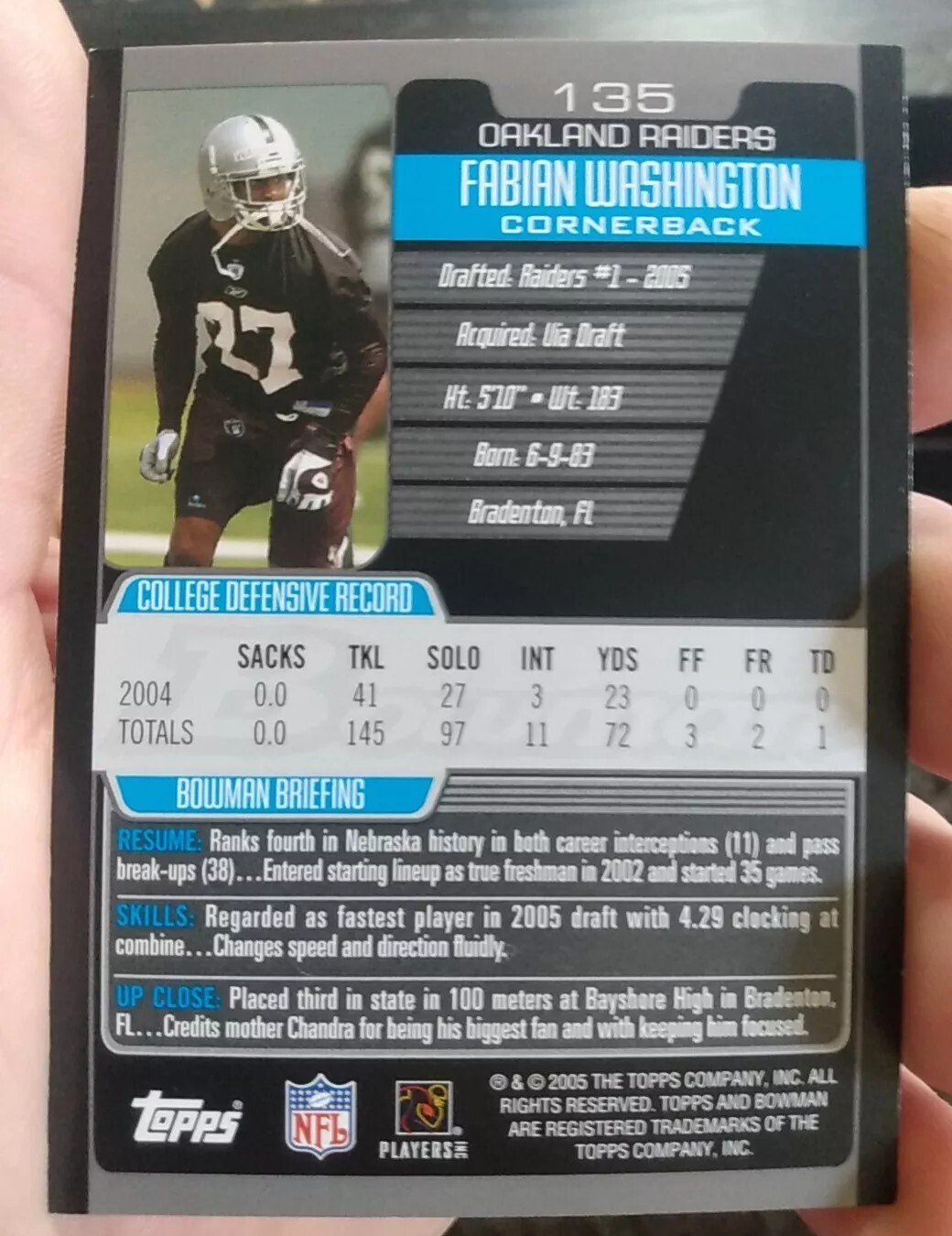 2005 Bowman #135 Fabian Washington RC Oakland Raiders | eBay