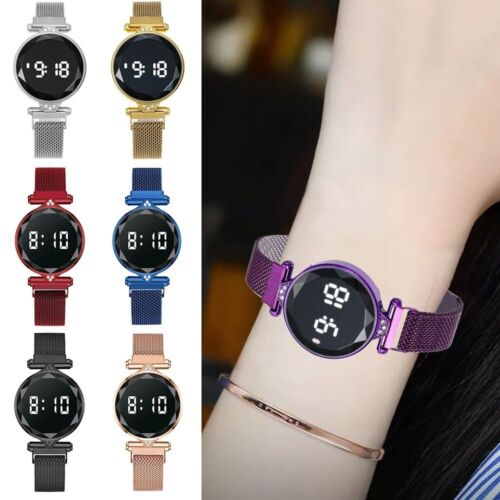 LED Digital Display Electron Watch Rhombic Mirrored Dial Round Watches ...