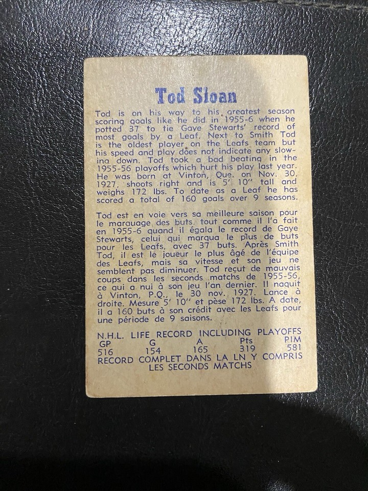 1957-58 Parkhurst Hockey Tod Sloan Toronto Maple Leafs #5 Tiny Crease ...