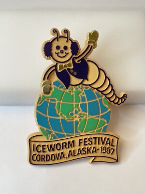 1987 Cordova Alaska Iceworm Festival Pin - Ice Worm on globe - 3 inch ...