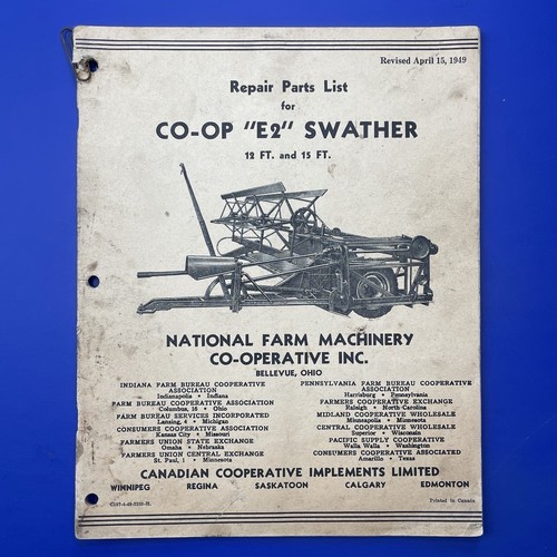 Vintage 1949 CO-OP Cockshutt E2 Swather Repair Parts List 12 ft & 15 ft ...