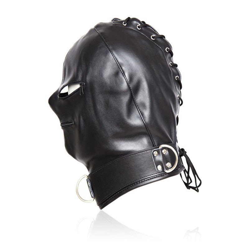 Faux Leather Bondage Fetish Cosplay Gimp Hood Mask Black Lace Up Zip ...