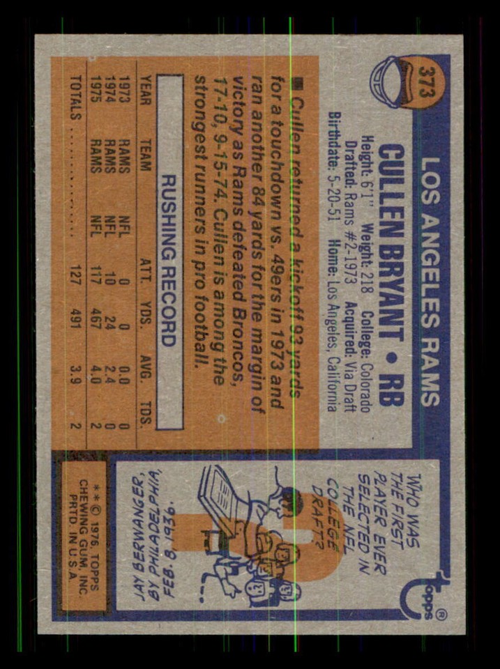 1976 Football Topps Cullen Bryant Los Angeles Rams #373 RC2 | eBay