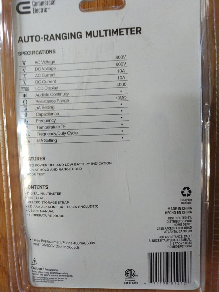 Commercial Electric 1001-418 348 Auto-Ranging 600V Multimeter BRAND NEW ...