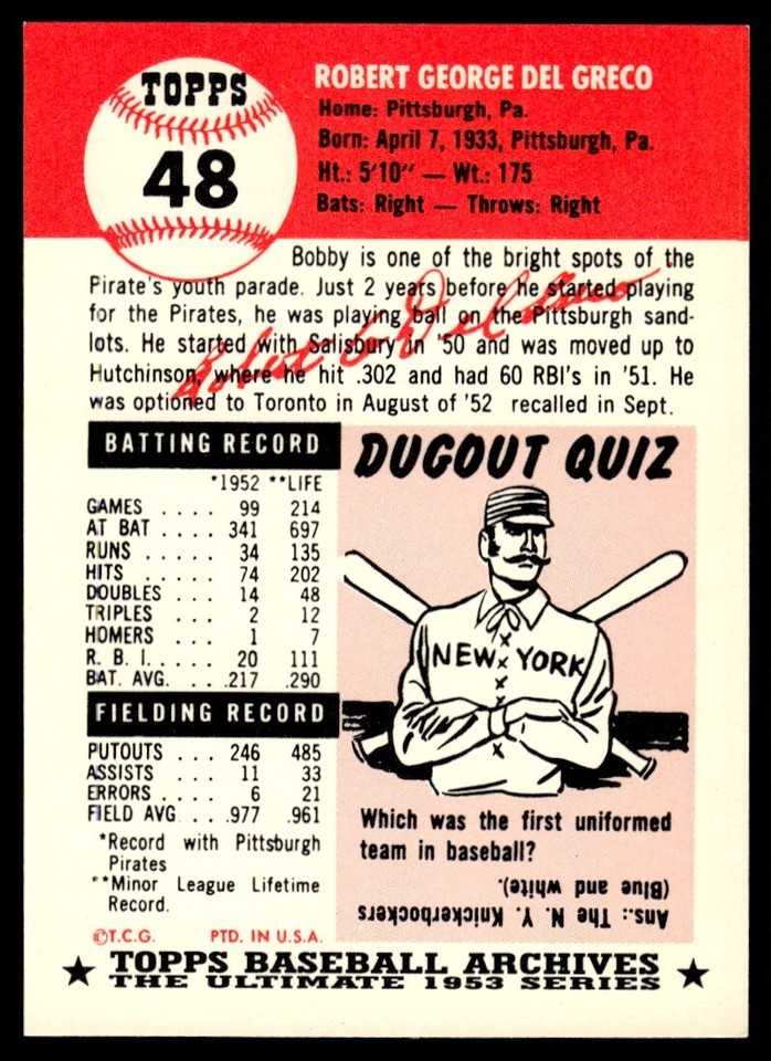 1991 Topps Archives 1953 Bob Del Greco Pittsburgh Pirates #48 | eBay
