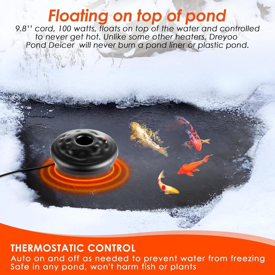 Floating Pond Heater, 100W Pond Deicer with 9.84 FT Cord ...