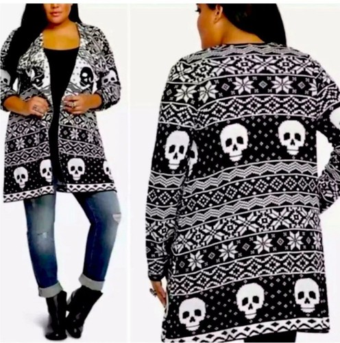 Torrid Skull Open Cardigan Knit Duster Fair Isle Black Large Sz 2 Goth ...