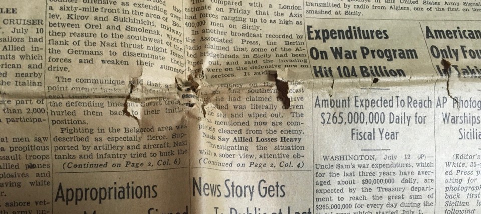 VINTAGE! RARE! 7/13/1943 ORIGINAL WW2 NEWSPAPER! ALLIES CAPTURE TOWNS ...