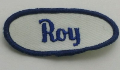 Roy Embroidered Name Oval Sew-On Patch Italicized Blue Letters on White ...