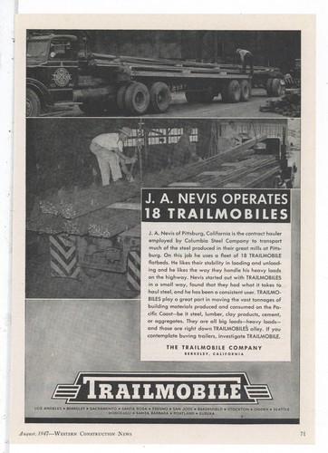1947 Trailmobile Co. Ad: J.A. Nevis Trucking Co. Pittsburgh ...