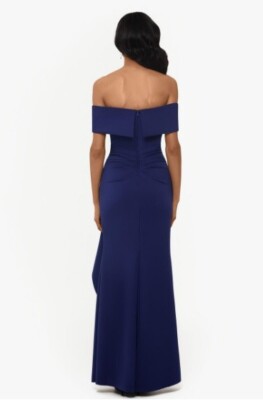 XSCAPE Womens Navy Blue Ruffled Ruched Off Shoulder Full-Length Evening ...