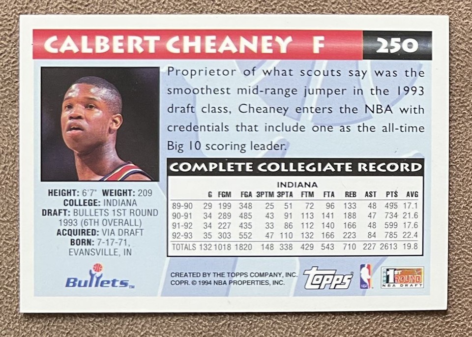 1993-94 Topps Gold Calbert Cheaney Washington Bullets #250 NBA Parallel ...
