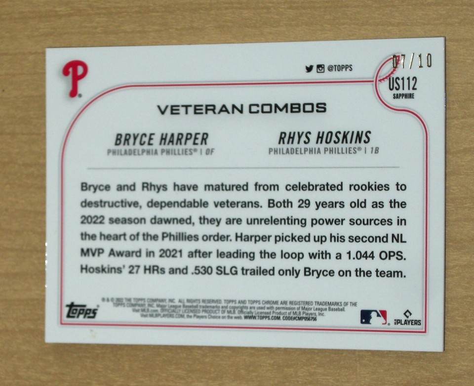 2022 Topps Chrome Update Sapphire Bry Harper/Hoskins PURPLE Refractor ...