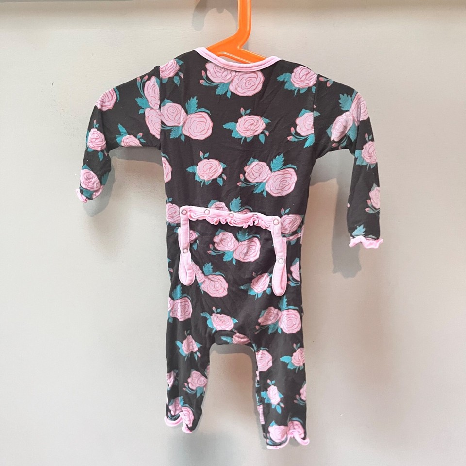 KicKee Pants Infant Bamboo Romper 3-6M Black & Pink Rose Floral Print ...
