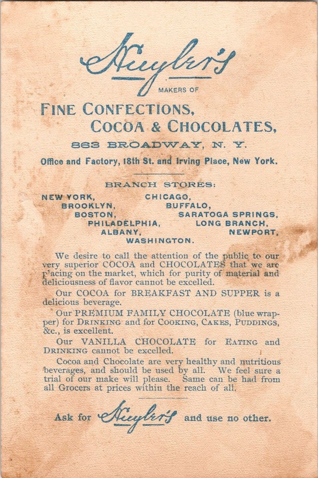 HUYLER'S Cocoa Chocolate - Fine Confections - 1893 Antique Victorian ...