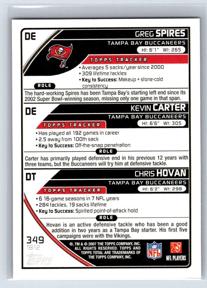 2007 Topps Total Kevin Carter Greg Spires Chris Hovan Red Parallel #349 ...