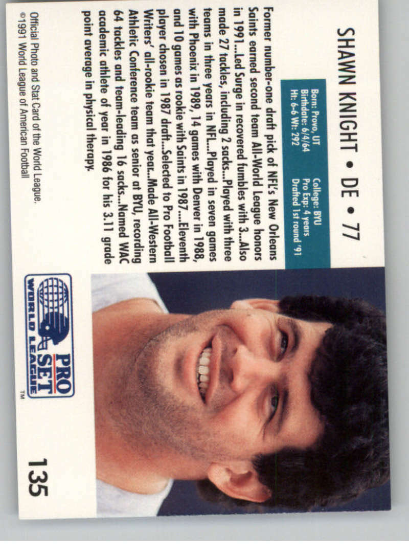 1991 Pro Set WLAF - #135 Shawn Knight (RC) for sale online | eBay