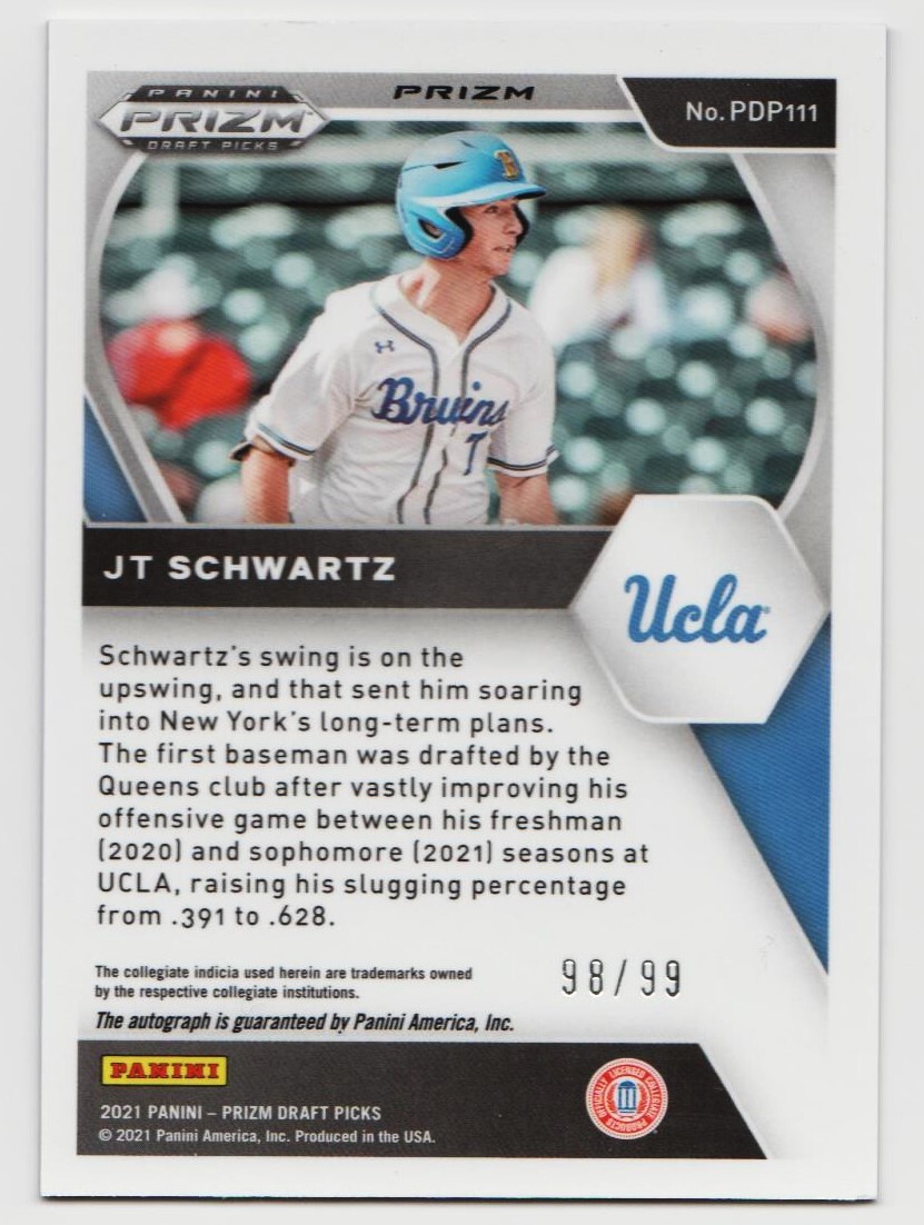 J T SCHWARTZ AUTO 2021 PRIZM DRAFT PICKS BLUE RAINBOW /99 SP REFRACTOR ...