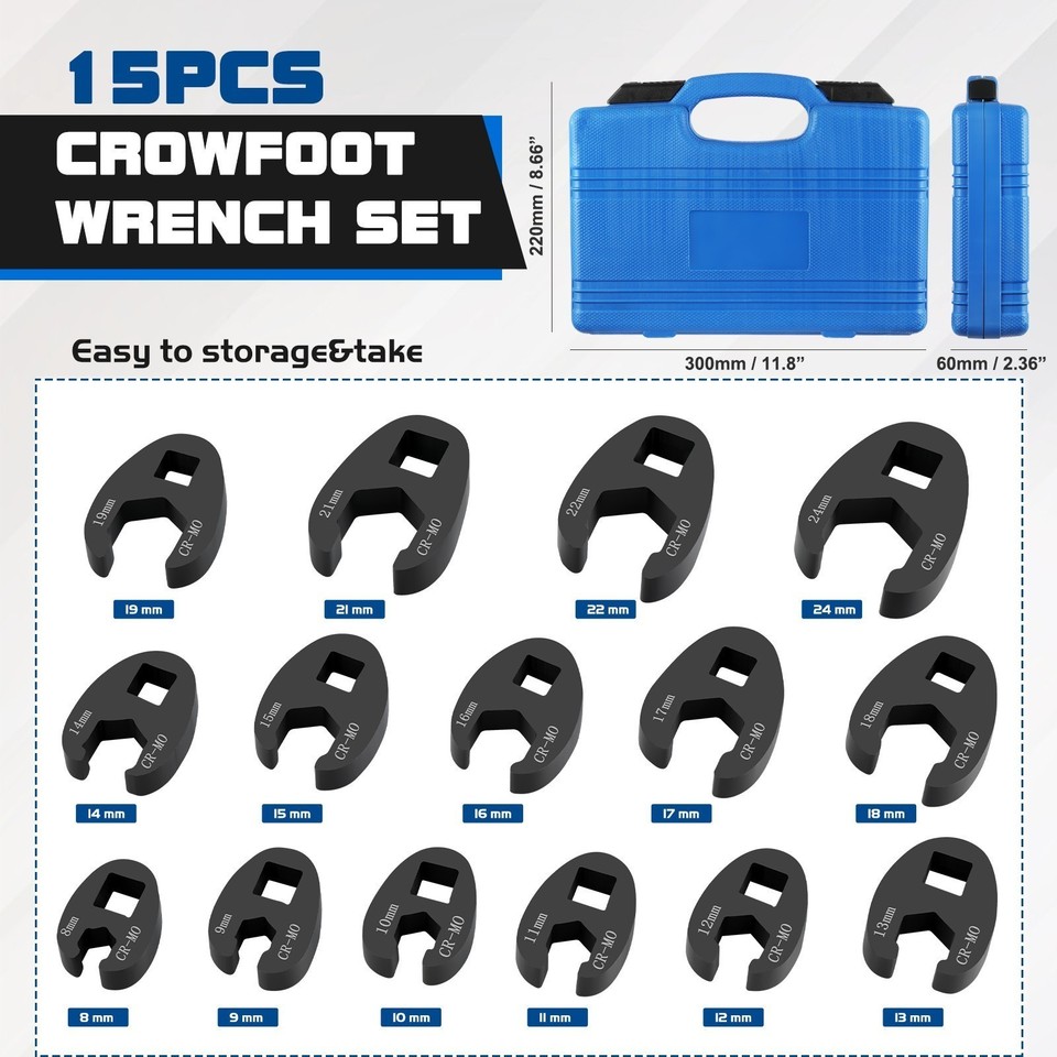 15PCS Flare Nut Crowfoot Wrench Set Metric Crows Foot Wrench Kit 3/8" 1 ...