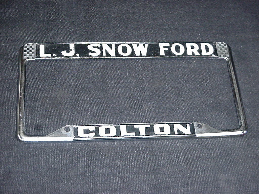 VINTAGE LICENSE PLATE FRAME LJ SNOW FORD COLTON CALIFORNIA CA MUSTANG ...