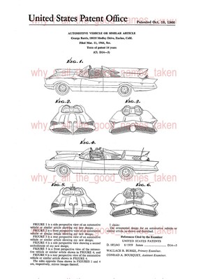 U.S. PATENT : Barris Batman TV Movie BATMOBILE 1966 - A4 Printed Repro ...