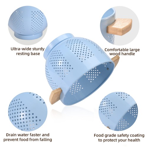 Metal Colander with Wood Handle and Stable Base, Powder Coated Steel ...