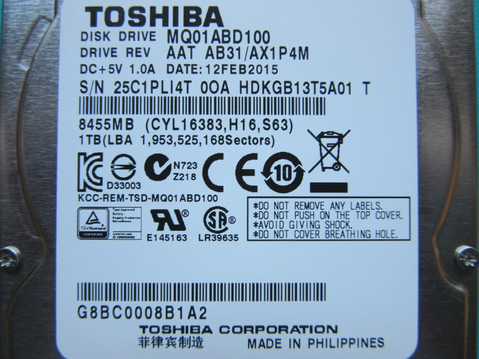 Toshiba 1TB SATA 2.5" HDD MQ01ABD100 AAT AB31/ AX1P4M 2015 Philippines ...