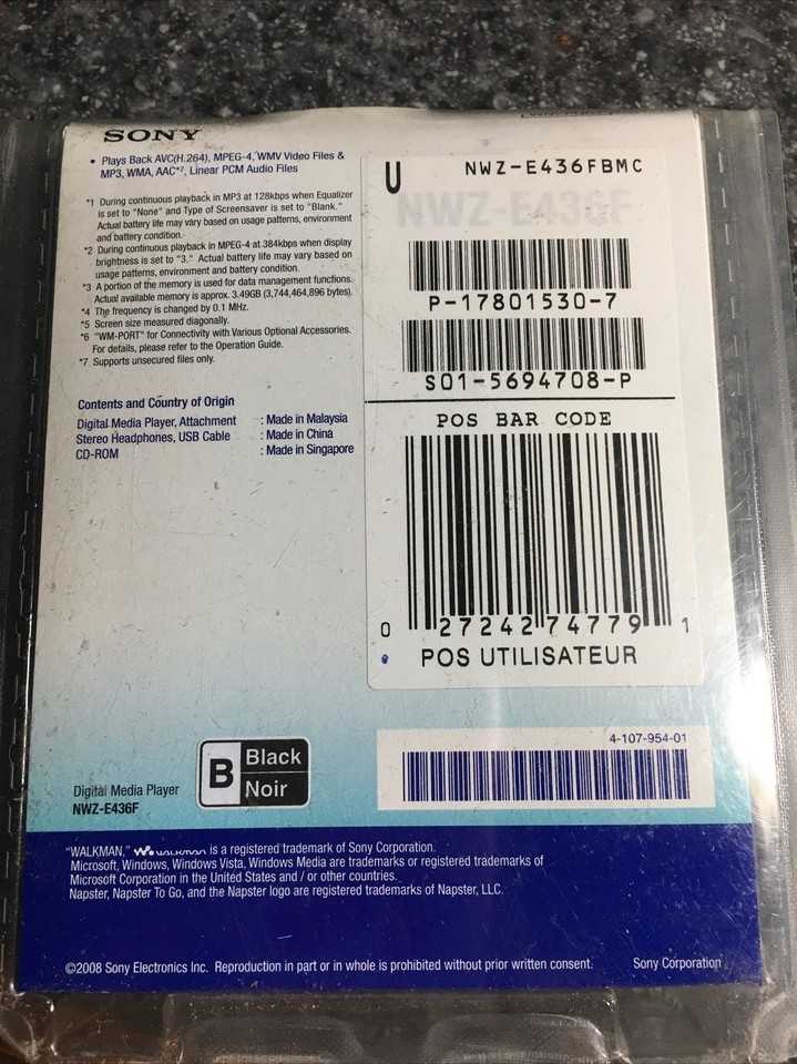 Sony Walkman NWZ-E436F Black ( 4 GB ) Digital Media Player 27242747791 ...