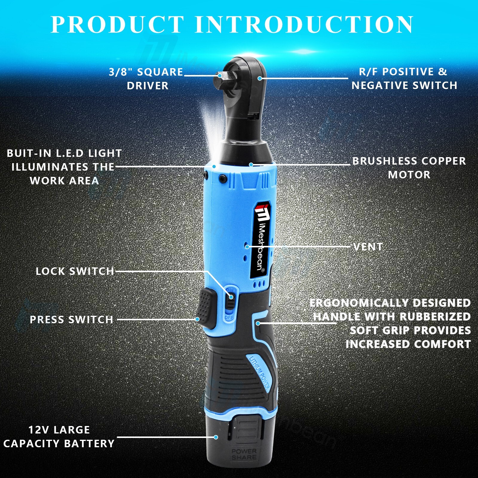 3/8" Cordless Electric Ratchet Right Angle Wrench Power Impact Tool 2 ...