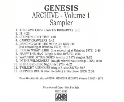 GENESIS Archive Volume 1 Sampler promo sampler CD | eBay