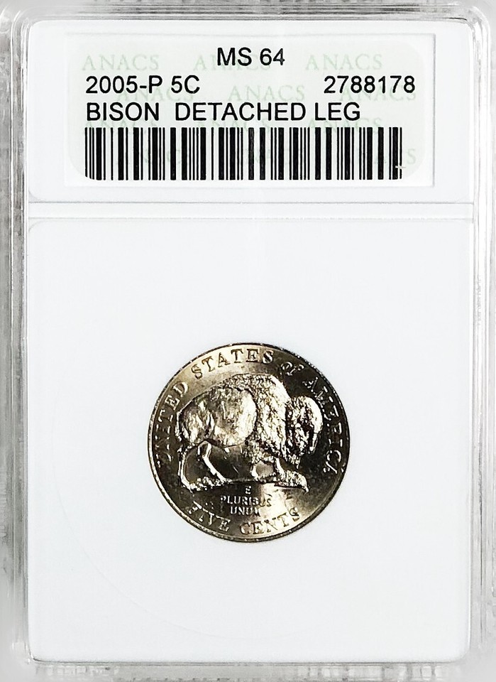 2005-P Jefferson Nickel MS 64 Mint Error Bison Detached Leg ANACS ...