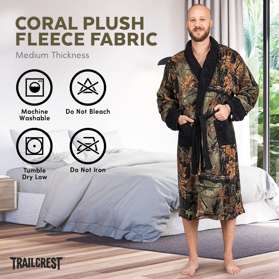 MENS ULTRA SOFT PLUSH CORAL FLEECE BELTED LOUNGE ROBE- BATH ROBE- CAMO ...