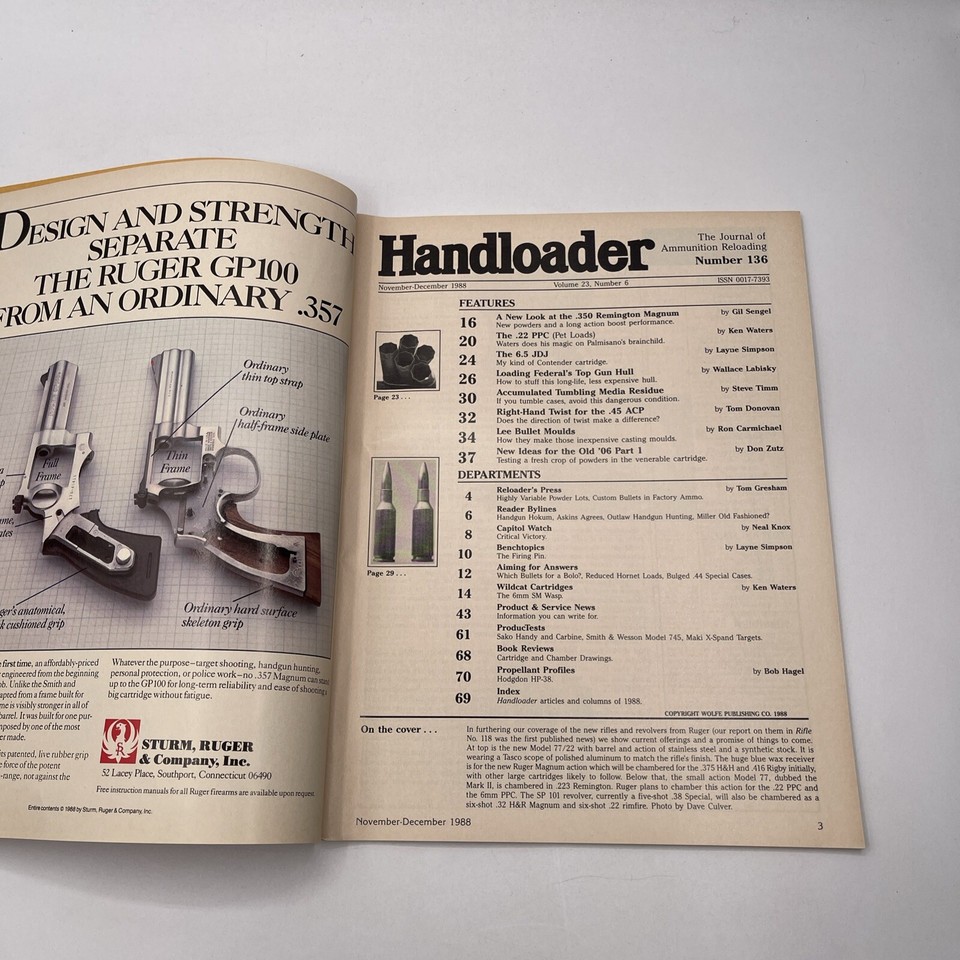 Handloader Magazine Of Ammunition Reloading Nov-Dec 1988-Ruger Magnum ...