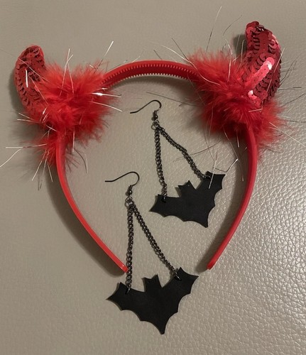 Red Devil Horns Head Band And Bat Earrings | eBay UK