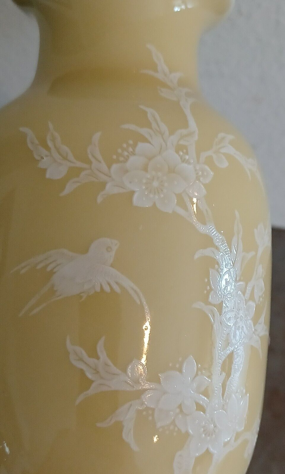 Yellow Chinese Porcelain Vase Painted With White Enamel 6" Tall Vintage ...