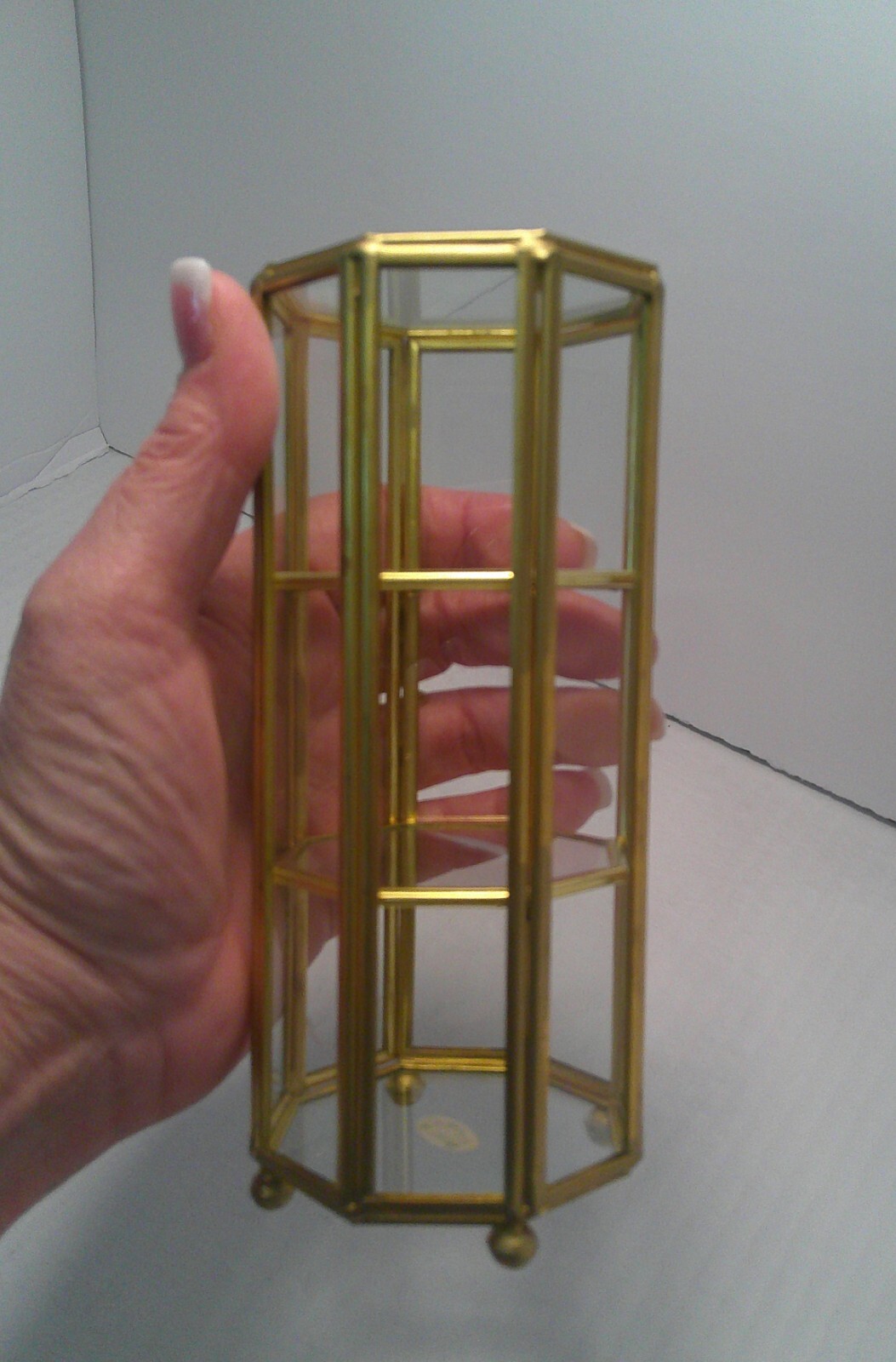 Vintage Tiny 8 Sided Brass Glass Trinket Keepsake Display Case Curio ...