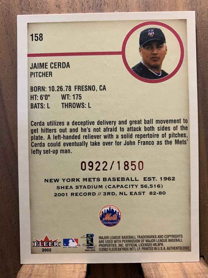 JAIME CERDA 2002 FLEER TICKET TO THE MAJORS #158 Serial #922/1850 | eBay