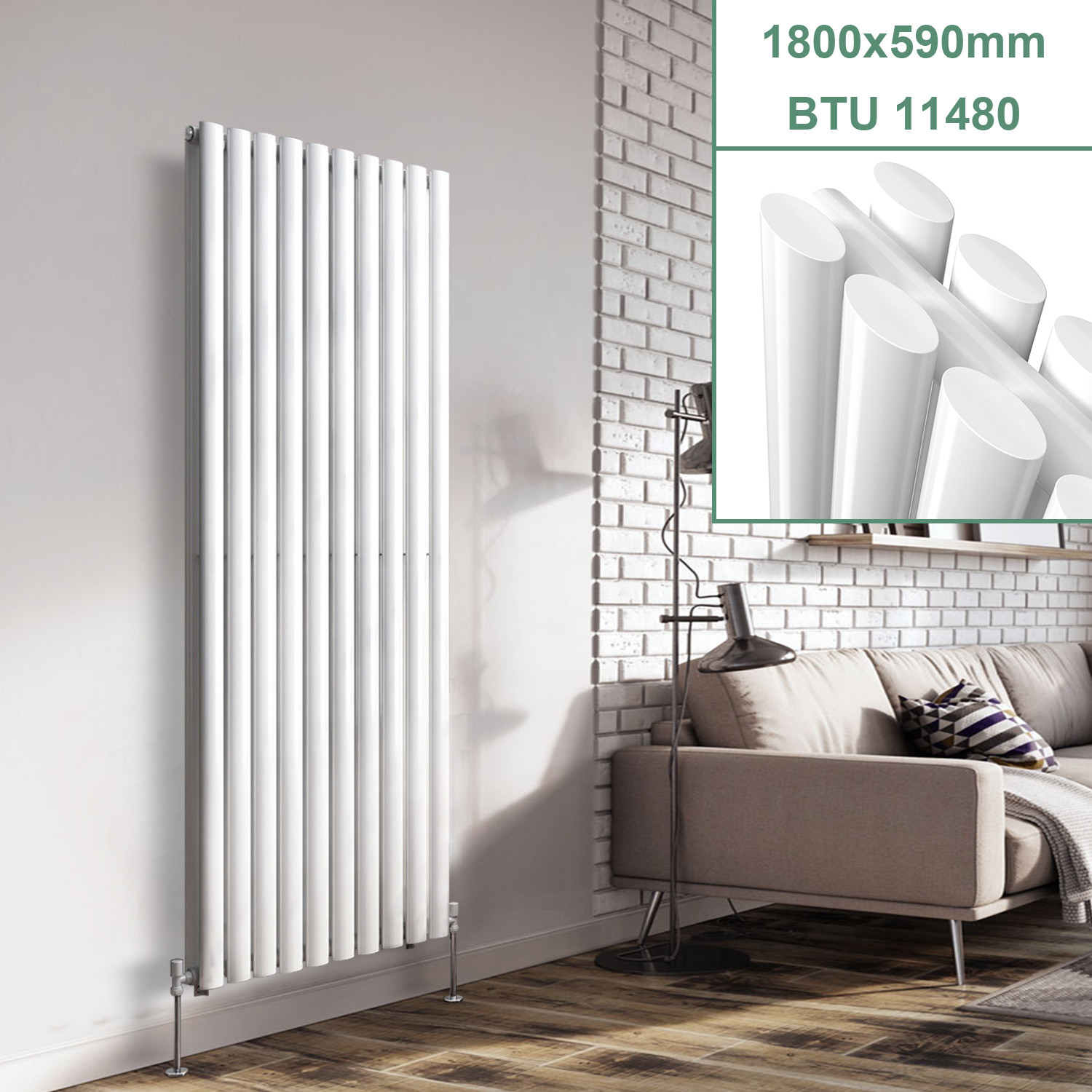 1800x590mm Tall Upright Oval Column Designer Bathroom Radiators White ...