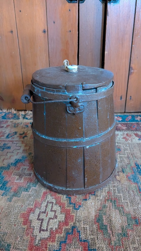 Antique Early Primitive Wood Piggin Storage Firkin Bucket w/ Lid Old ...