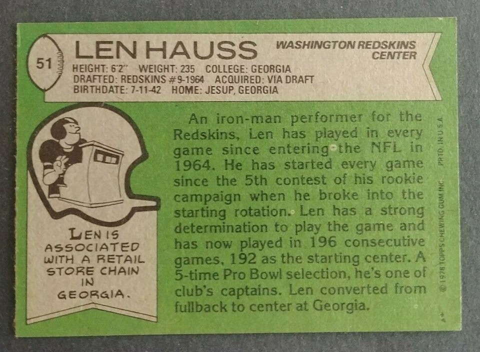 1978 TOPPS Len Hauss C Washington Redskins #51 Trading Card | eBay
