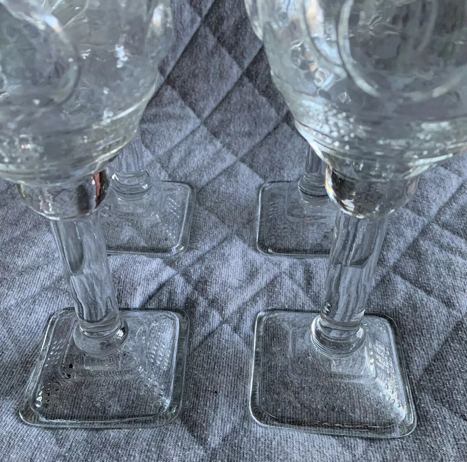TALL EMBOSSED FRUIT 4 CLEAR GLASS PEDESTAL GOBLETS WATER WINE SQUARE ...