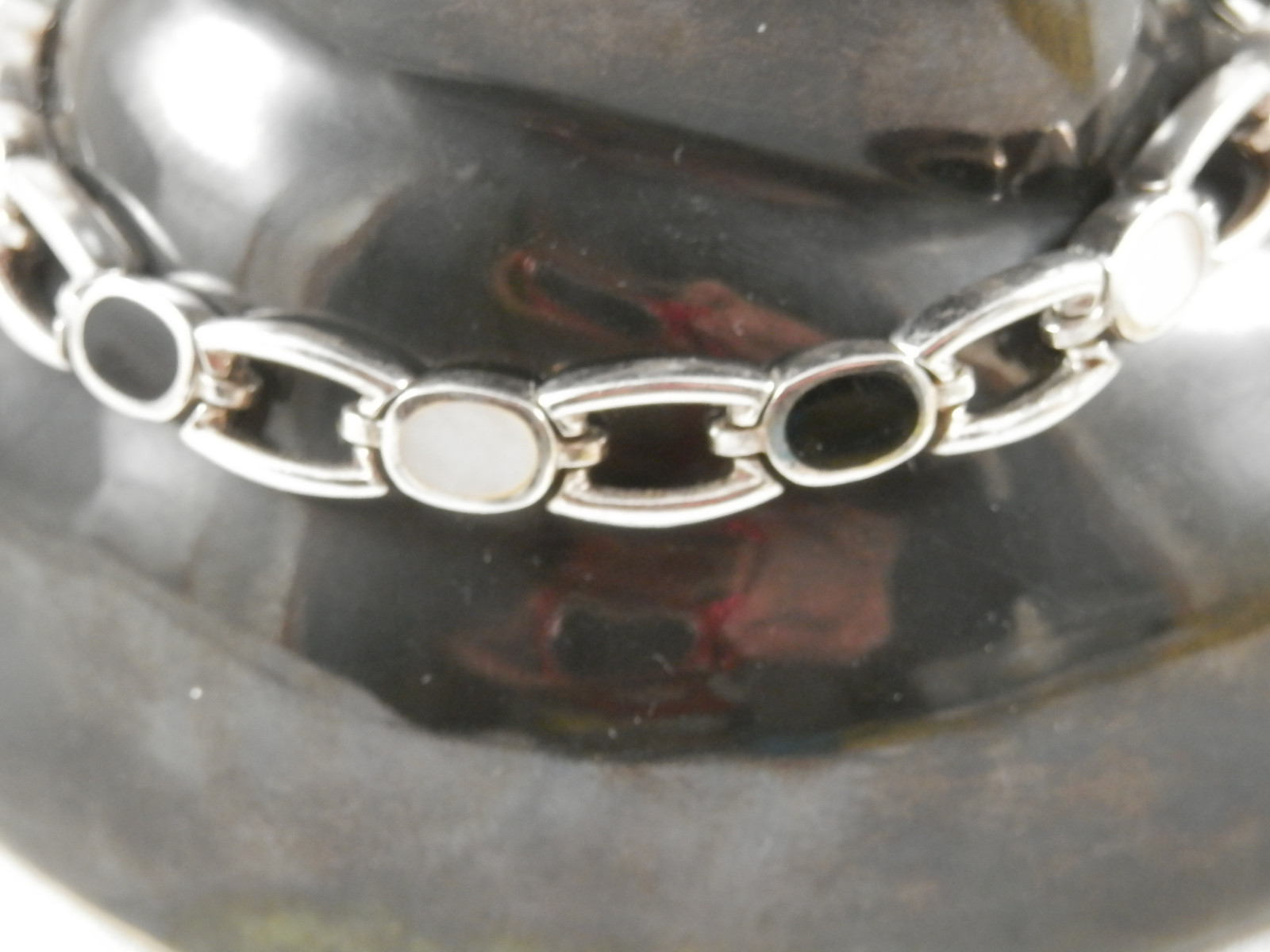 Black Onyx & Mother of Pearl Link Sterling Silver Bracelet 7 1/4" 925 ...