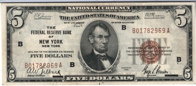 1929 $5 THE FEDERAL RESERVE BANK OF NEW YORK NY BANK NOTE - B01782969A ...