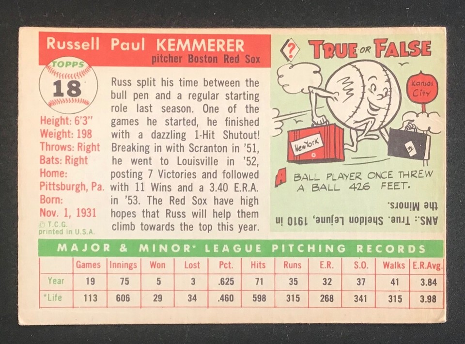 1955 Topps Baseball Trading Card #18 Russ Kemmerer FAIR | eBay