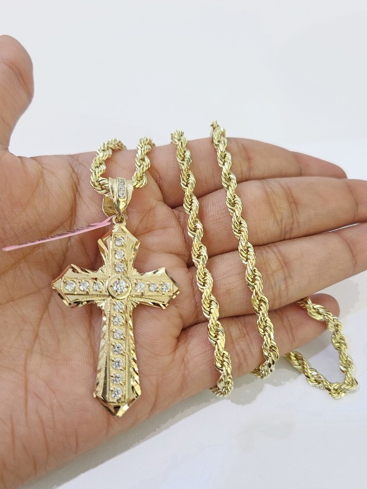 14k Yellow Gold Rope Chain Cross Pendant Charm SET 4mm 22 Inch Necklace ...